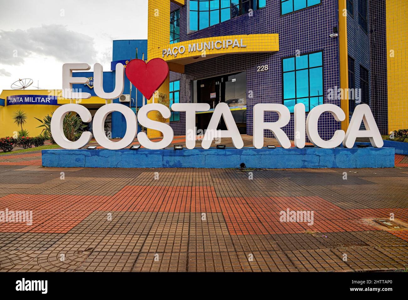 city hall building of brazilian tourist city costa rica with sign ...