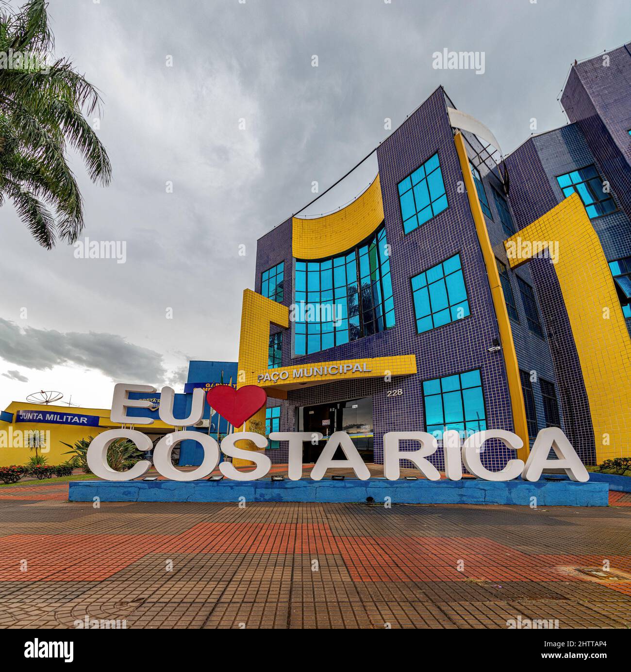 city hall building of brazilian tourist city costa rica with sign ...