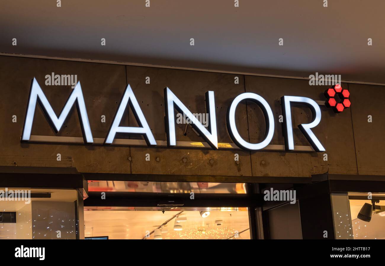 Locarno, Switzerland - December 29, 2021: Signage for Swiss brand Manor ...