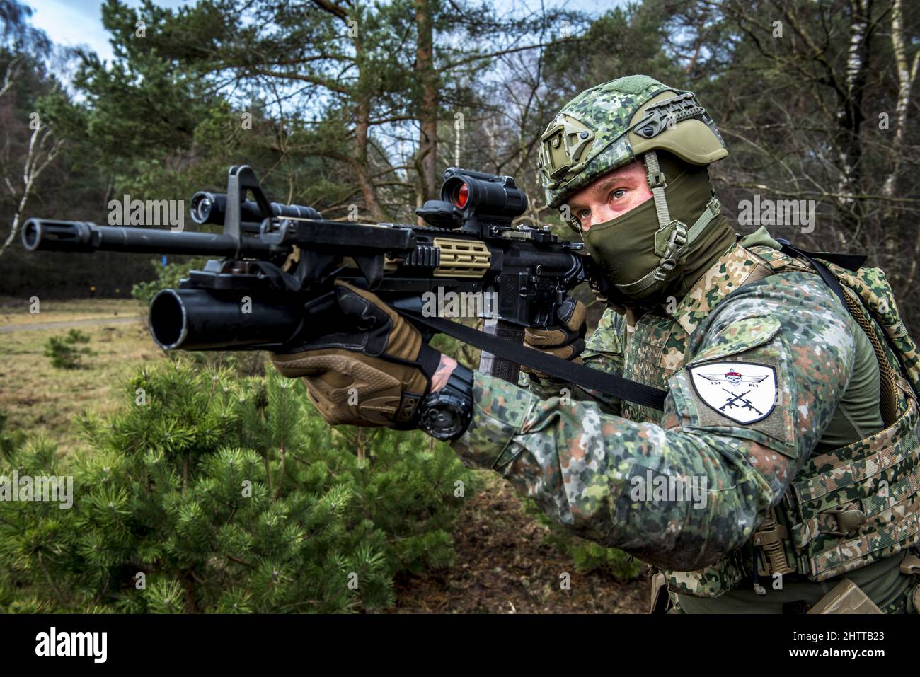 Dutch soldier in a new uniform and personal equipment in NFP camouflage ...