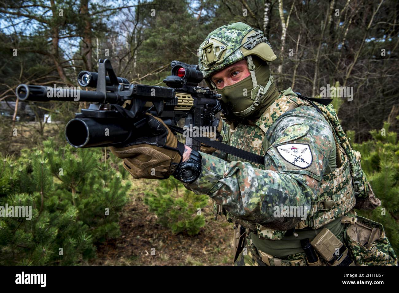 Dutch soldier in a new uniform and personal equipment in NFP camouflage ...