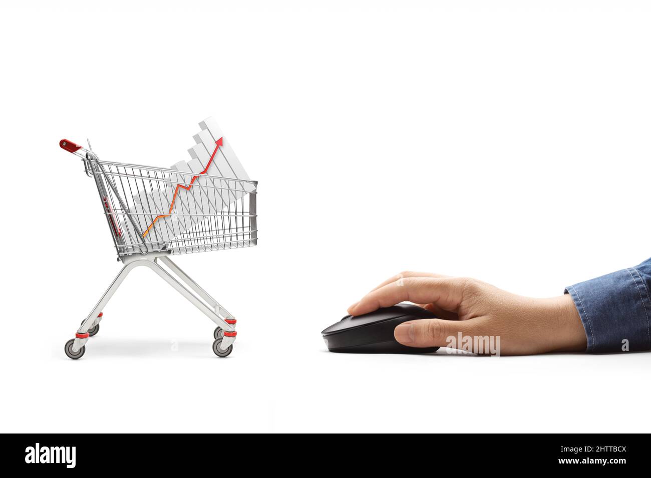 Shopping cart with a bar chart and hand clicking on a computer mouse ...