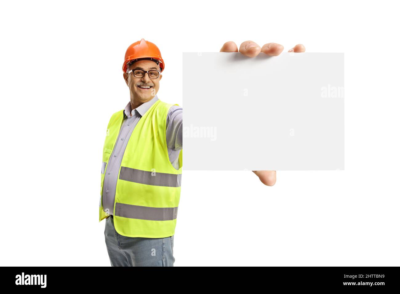 Cheerful male engineer in a reflective vest showing a blank card ...
