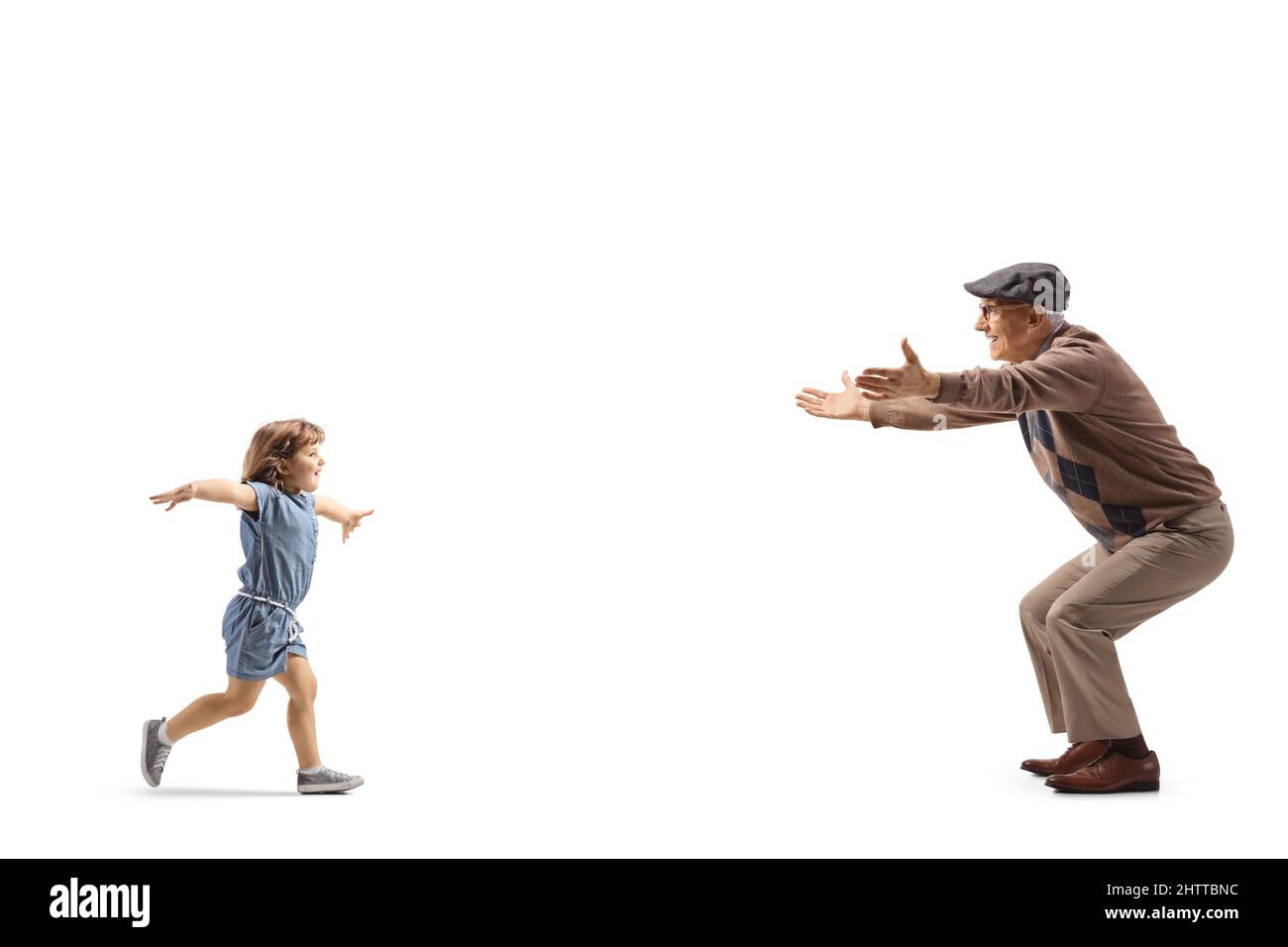 Full length profile shot of a little girl running towards an elderly ...