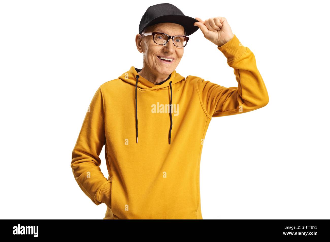 Elderly man with greeting with cap isolated on white background Stock ...