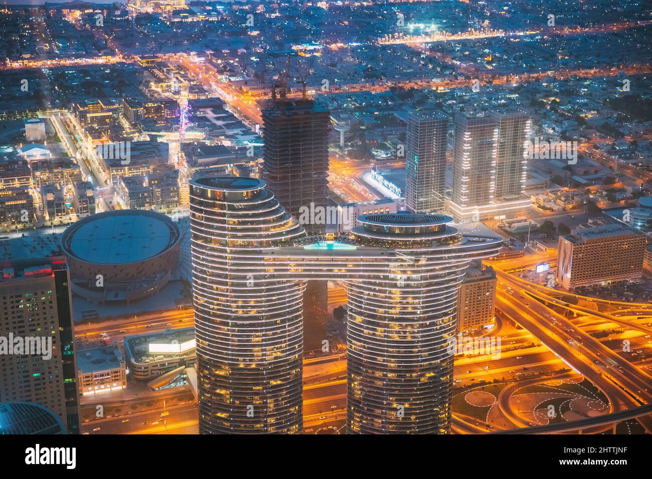 Street Night Yellow Illumination In Dubai. Evening Night City Traffic Of Skyline Dubai. Aerial ...