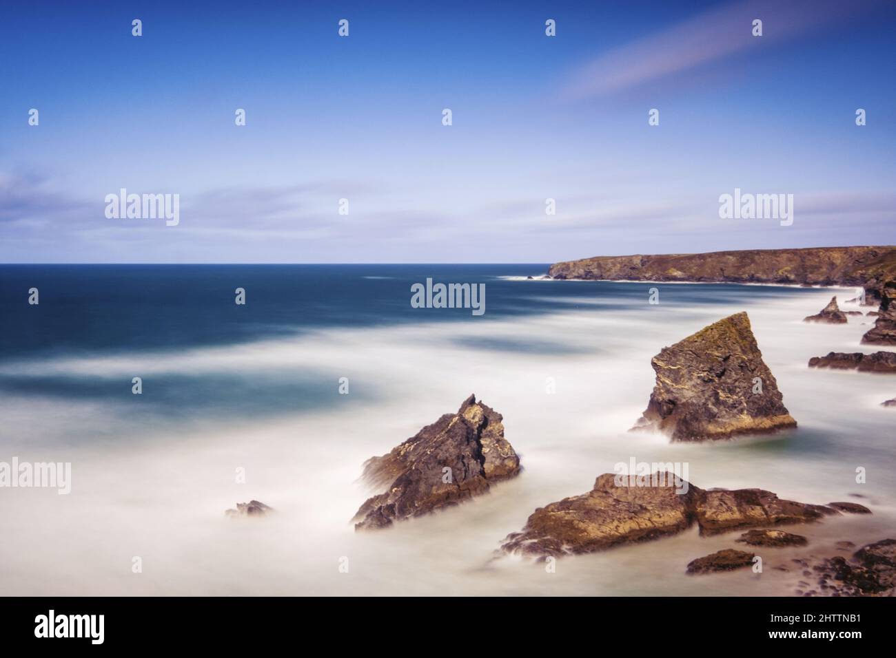 Beautiful view of the ocean with cloudless sky background in Cornwall ...