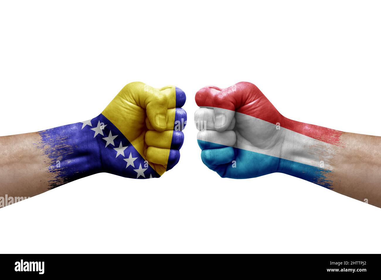 Two hands punch to each others on white background. Country flags ...
