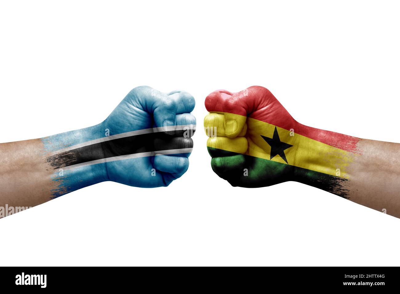 Two hands punch to each others on white background. Country flags painted fists, conflict crisis ...