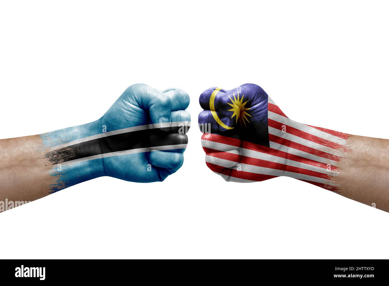 Two hands punch to each others on white background. Country flags ...