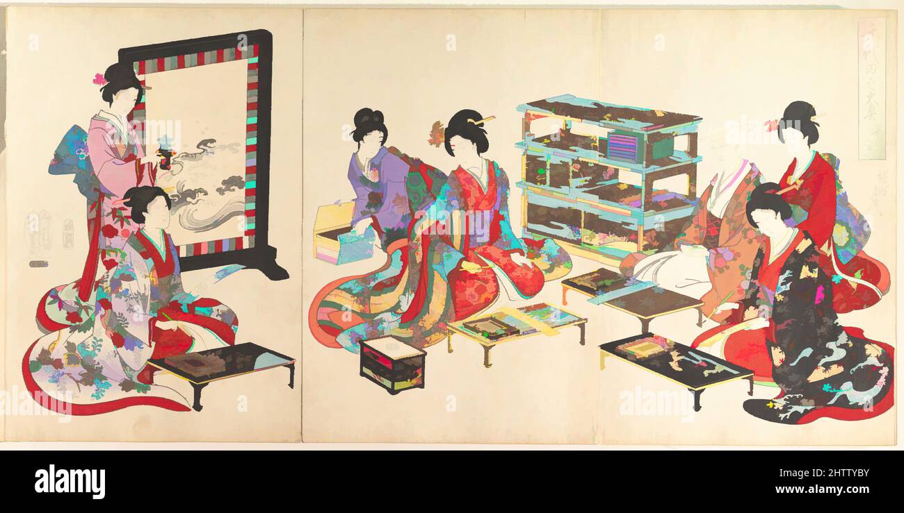 Art inspired by Chiyoda Castle (Album of Women), Meiji period (1868–1912), 1895, Japan, Triptych ...