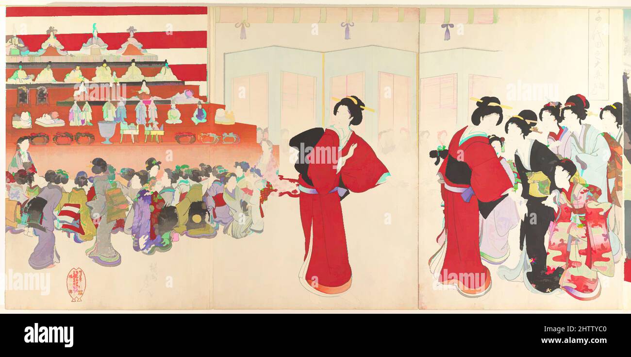 Art inspired by Chiyoda Castle (Album of Women), Meiji period (1868–1912), 1895, Japan, Triptych ...