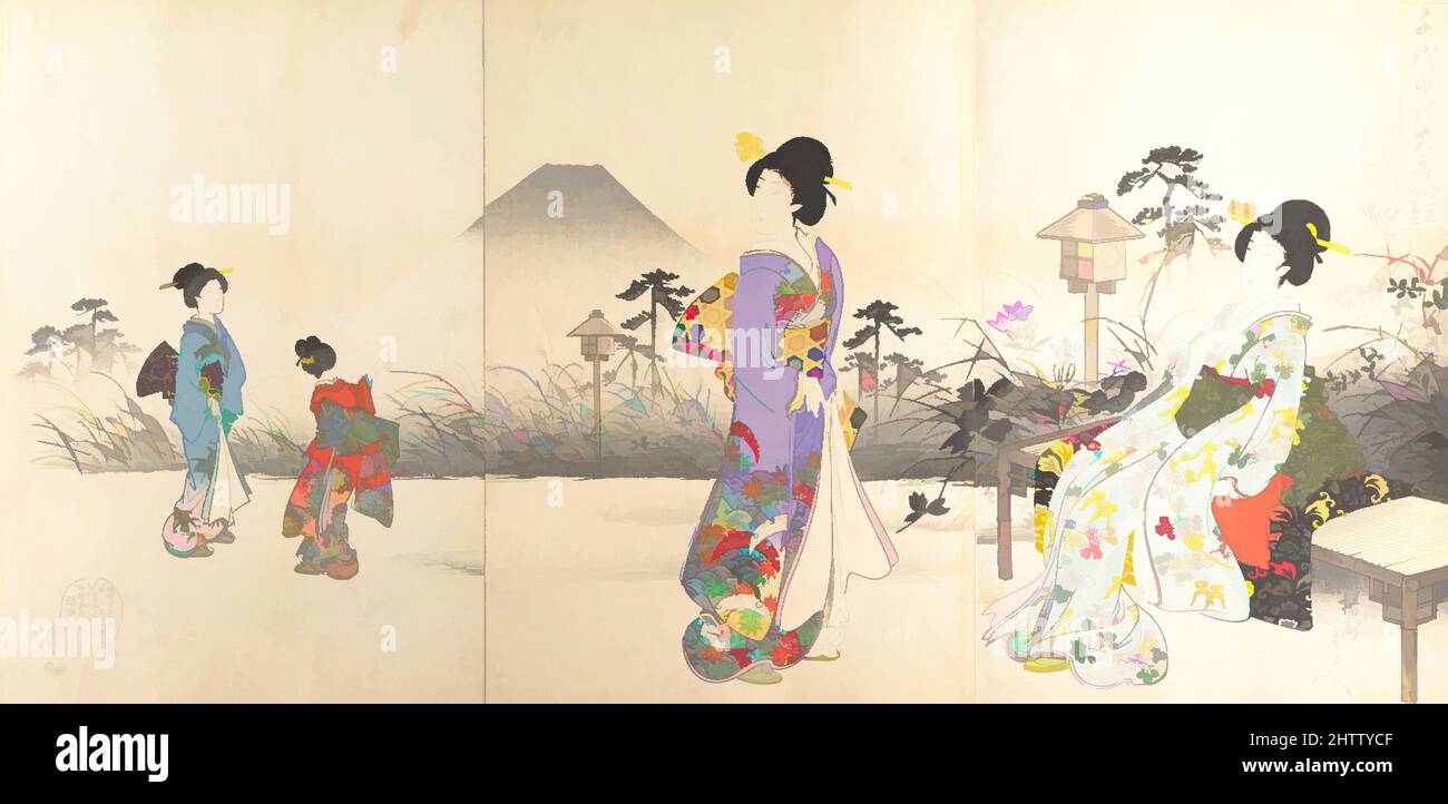 Art inspired by Chiyoda Castle (Album of Women), Meiji period (1868–1912), 1895, Japan, Triptych ...