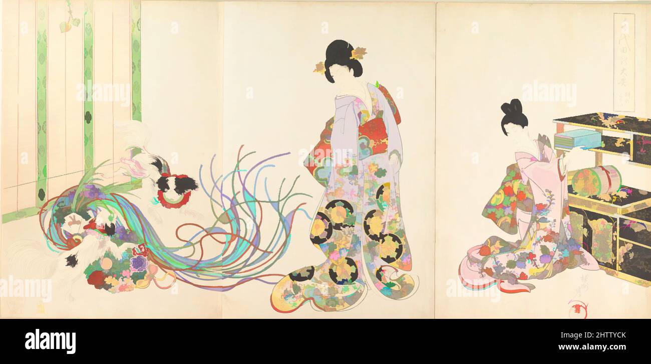 Art inspired by Chiyoda Castle (Album of Women), Meiji period (1868–1912), 1895, Japan, Triptych ...