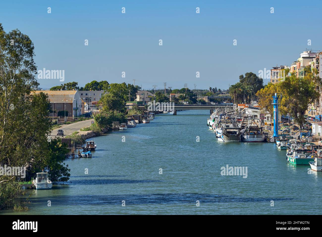 boats at the mouth of the Jucar river in Cullera, Valencia, Spain Stock ...
