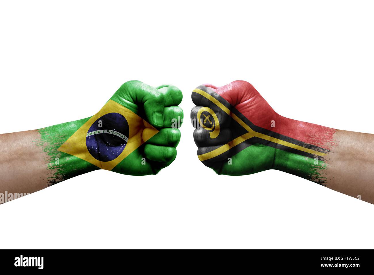 Two hands punch to each others on white background. Country flags ...