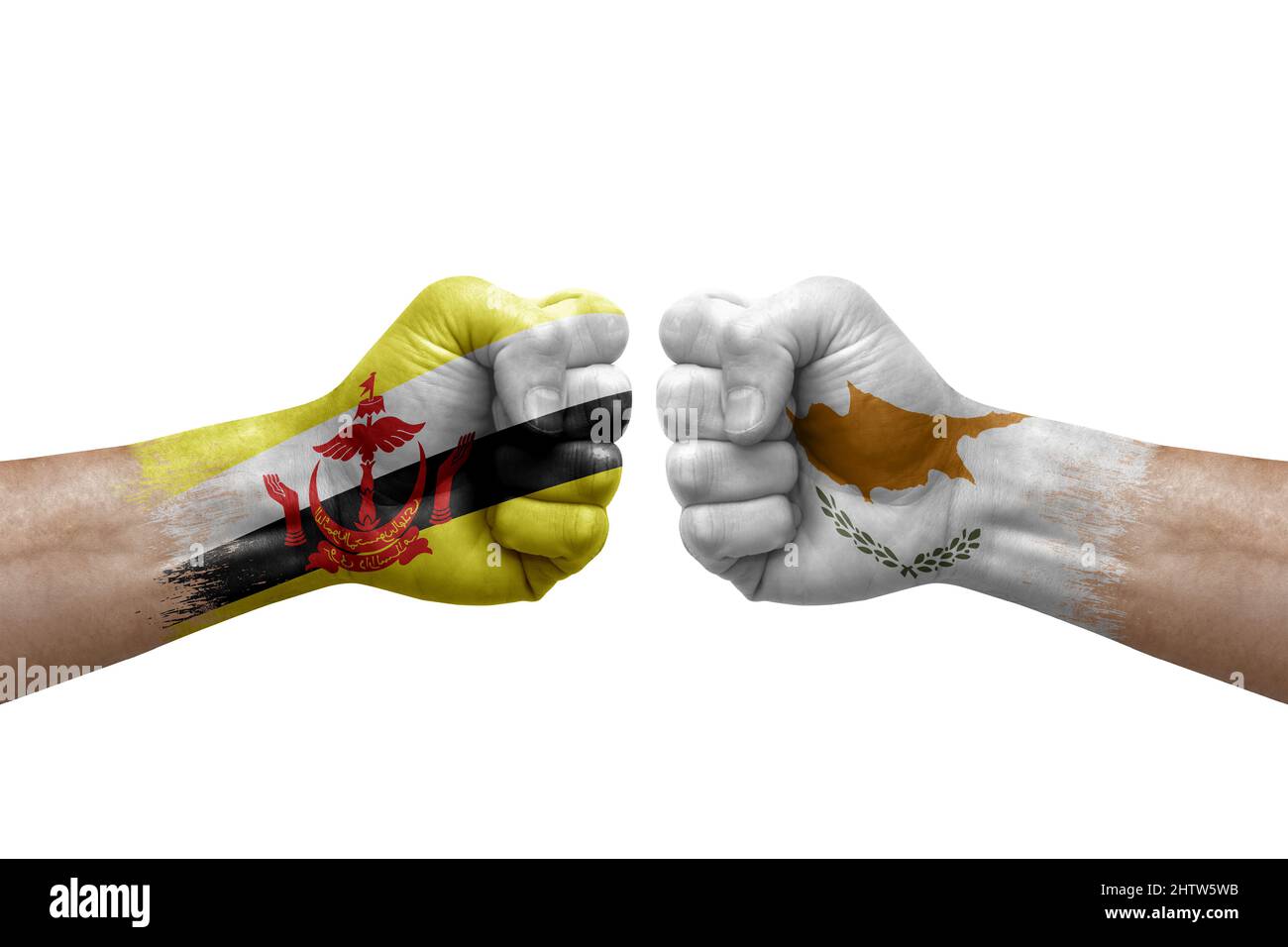 Two hands punch to each others on white background. Country flags ...