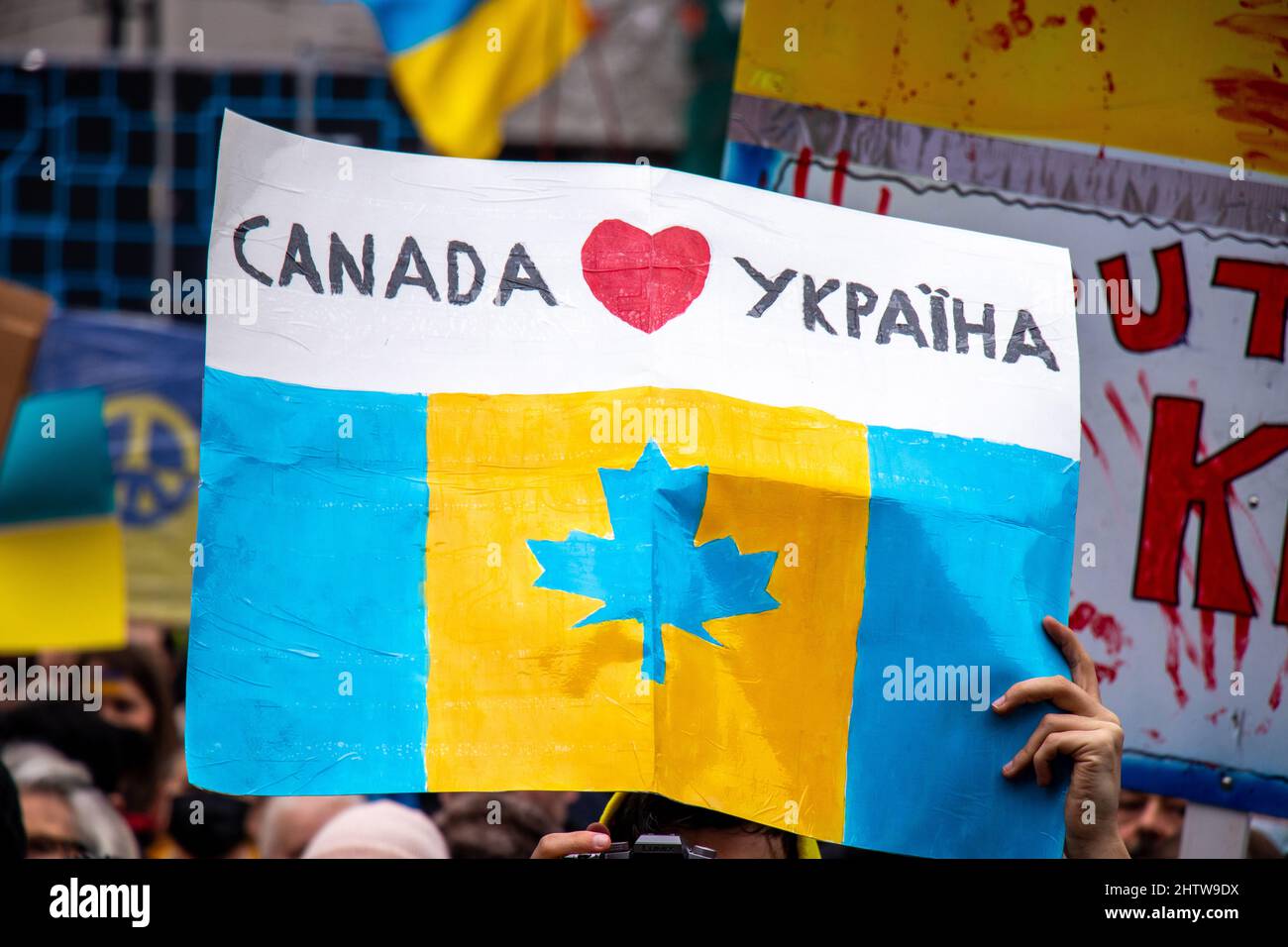 Vancouver, Canada - February 26,2022: View of sign Canada Loves Ukraine ...