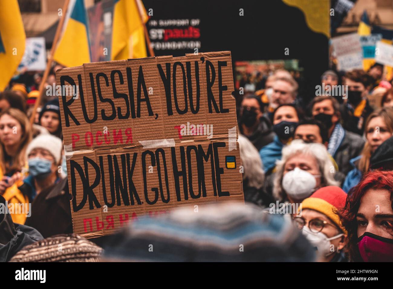 Vancouver, Canada - February 26,2022: View of sign Russia You are drunk ...
