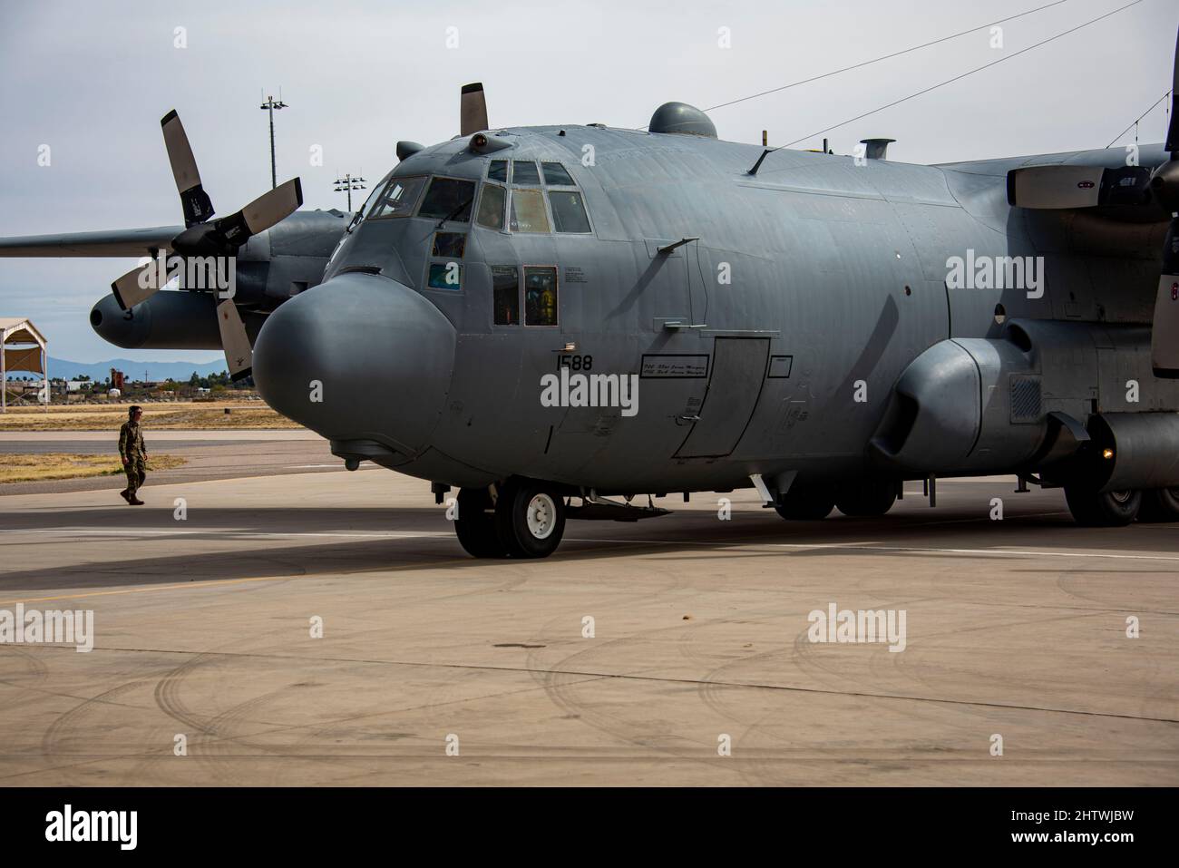A U.S. Air Force EC-130H Compass Call parks on the runway at Davis ...