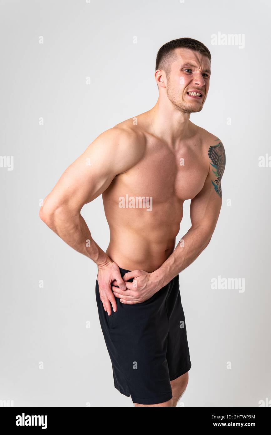 Aching hip in a man white background strong pain body muscle, spine ...