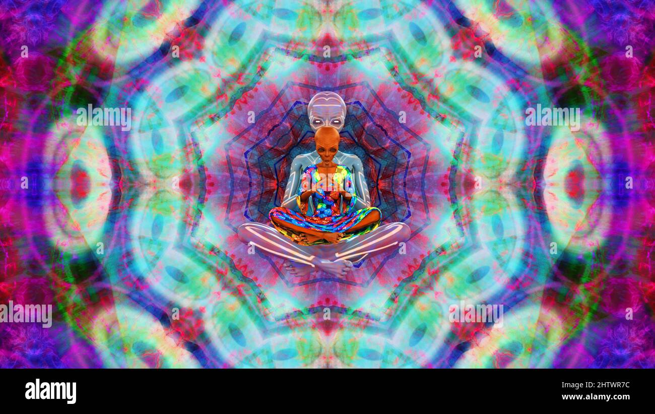 3d illiustraion of Alien meditating on a colorful psychedelic ...