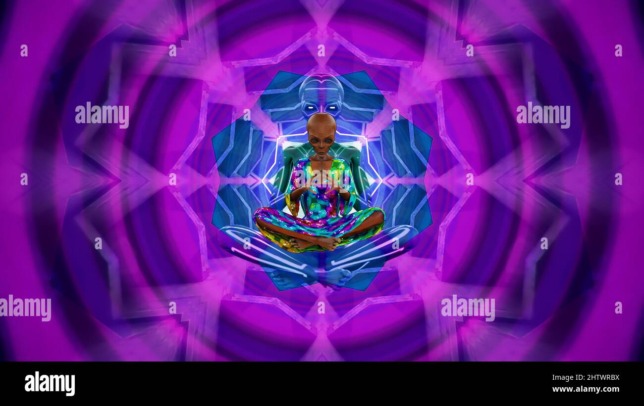 3d illiustraion of Alien meditating on a colorful psychedelic ...