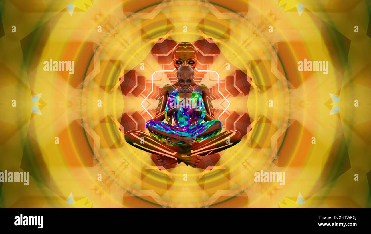 3d illiustraion of Alien meditating on a colorful psychedelic ...