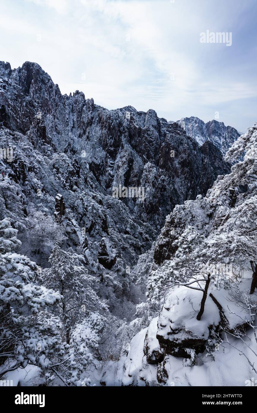 Snow landscape at Yellow Mountain, Anhui province, China, winter time ...
