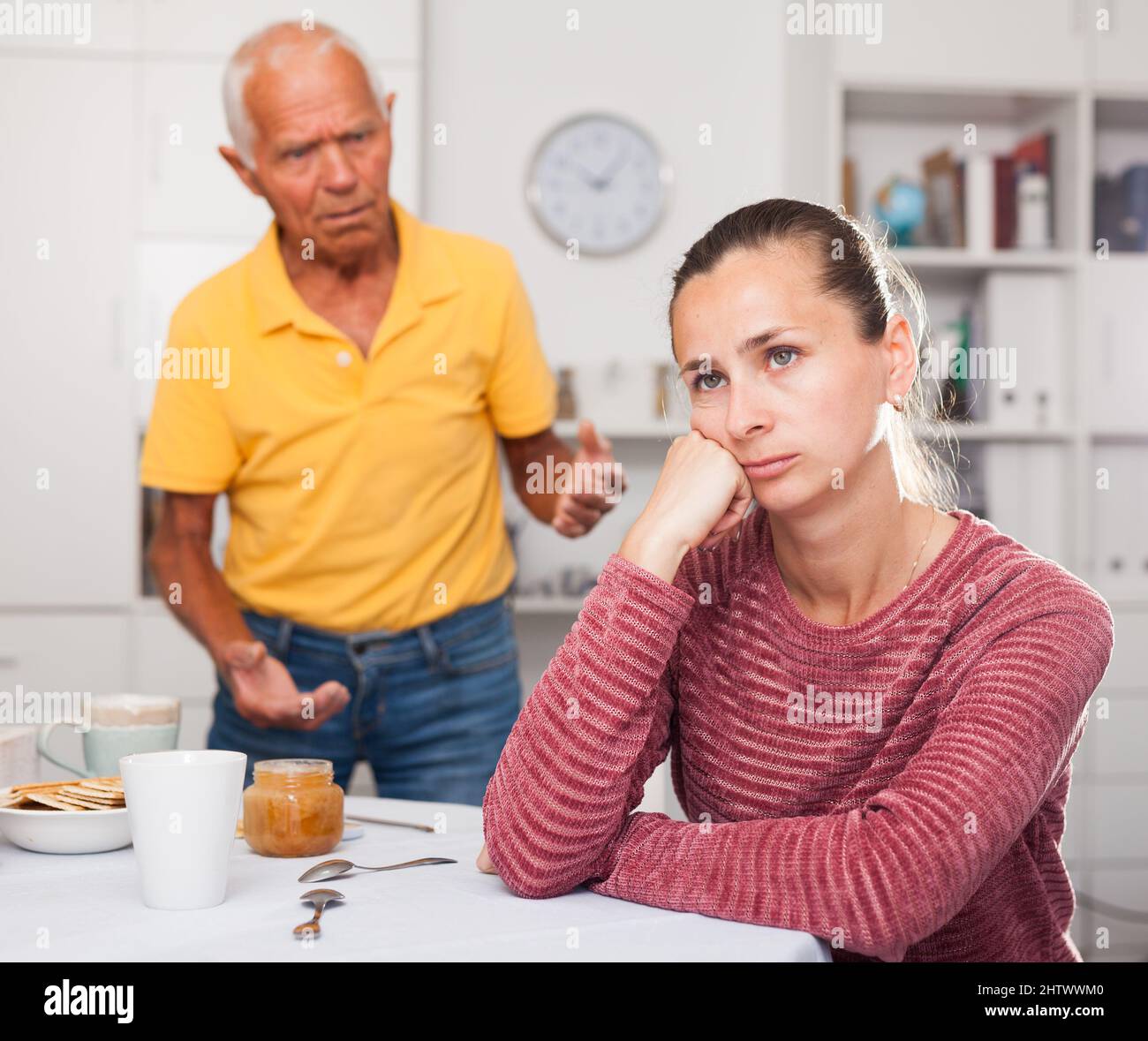 Mature father scolds adult daughter Stock Photo - Alamy
