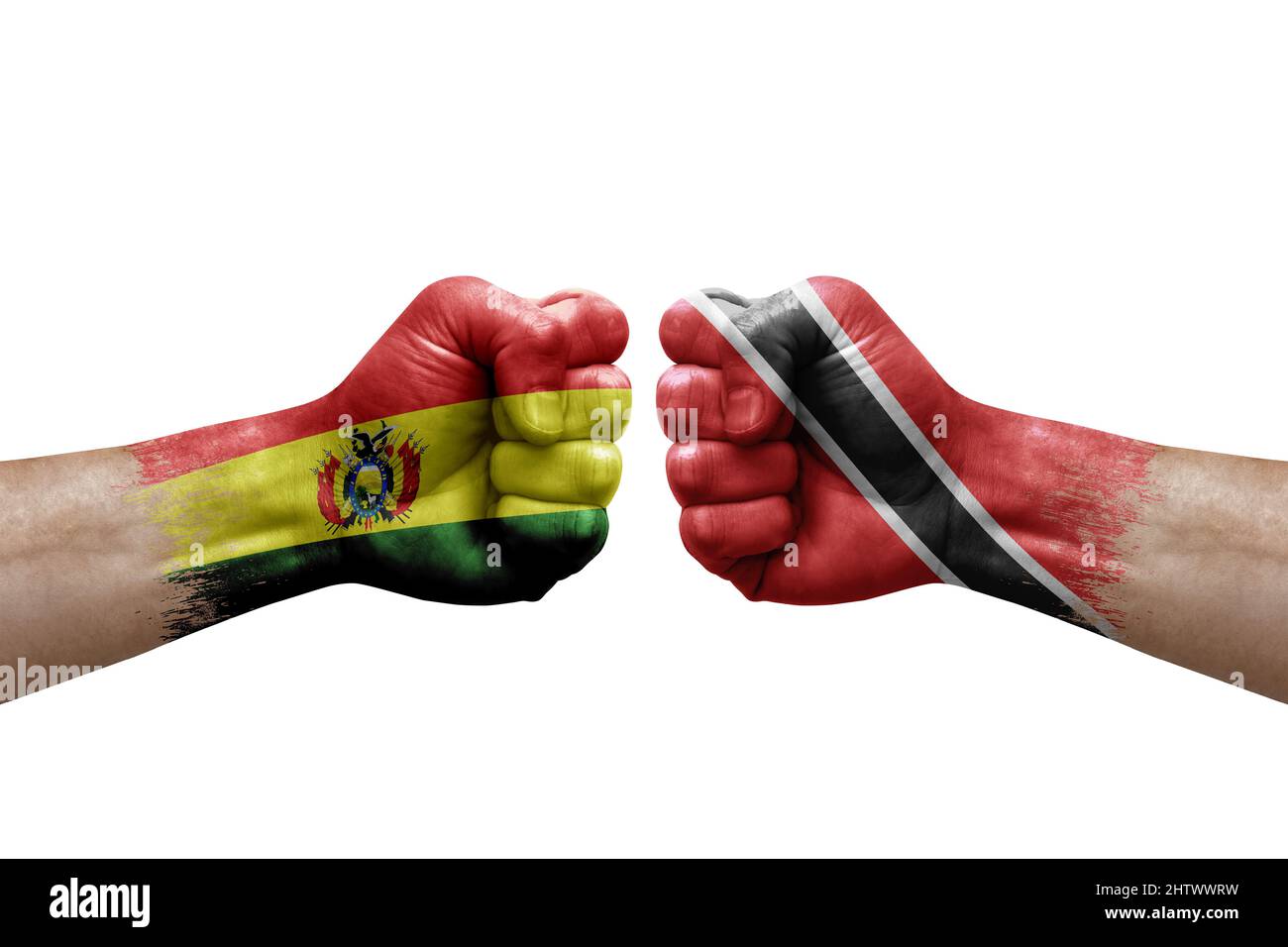 Two hands punch to each others on white background. Country flags ...