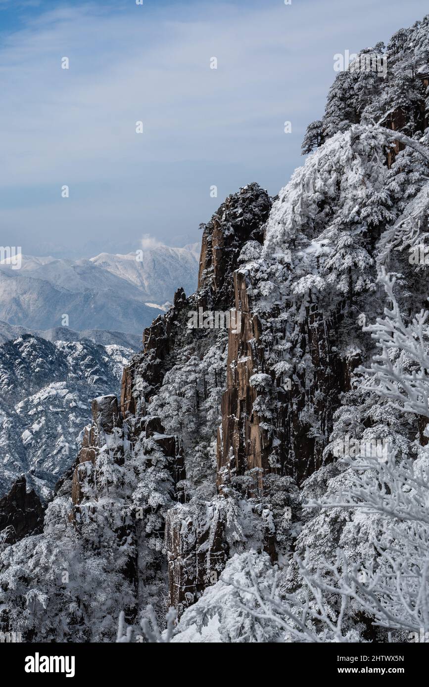 Snow landscape at Yellow Mountain, Anhui province, China, winter time ...