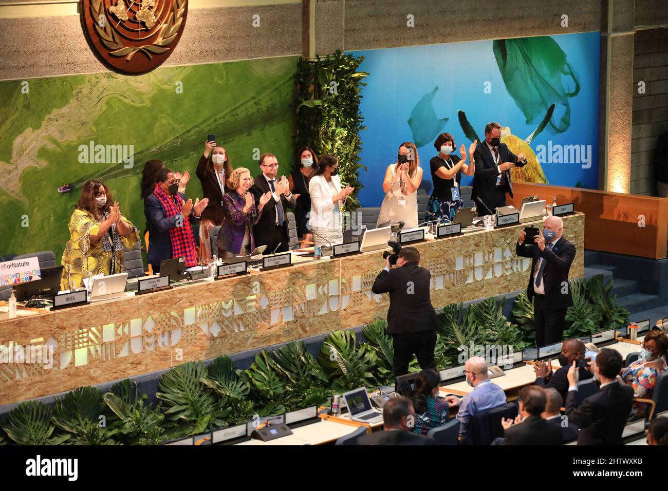 Nairobi, Kenya. 2nd Mar, 2022. Delegates celebrate for the adoption of ...