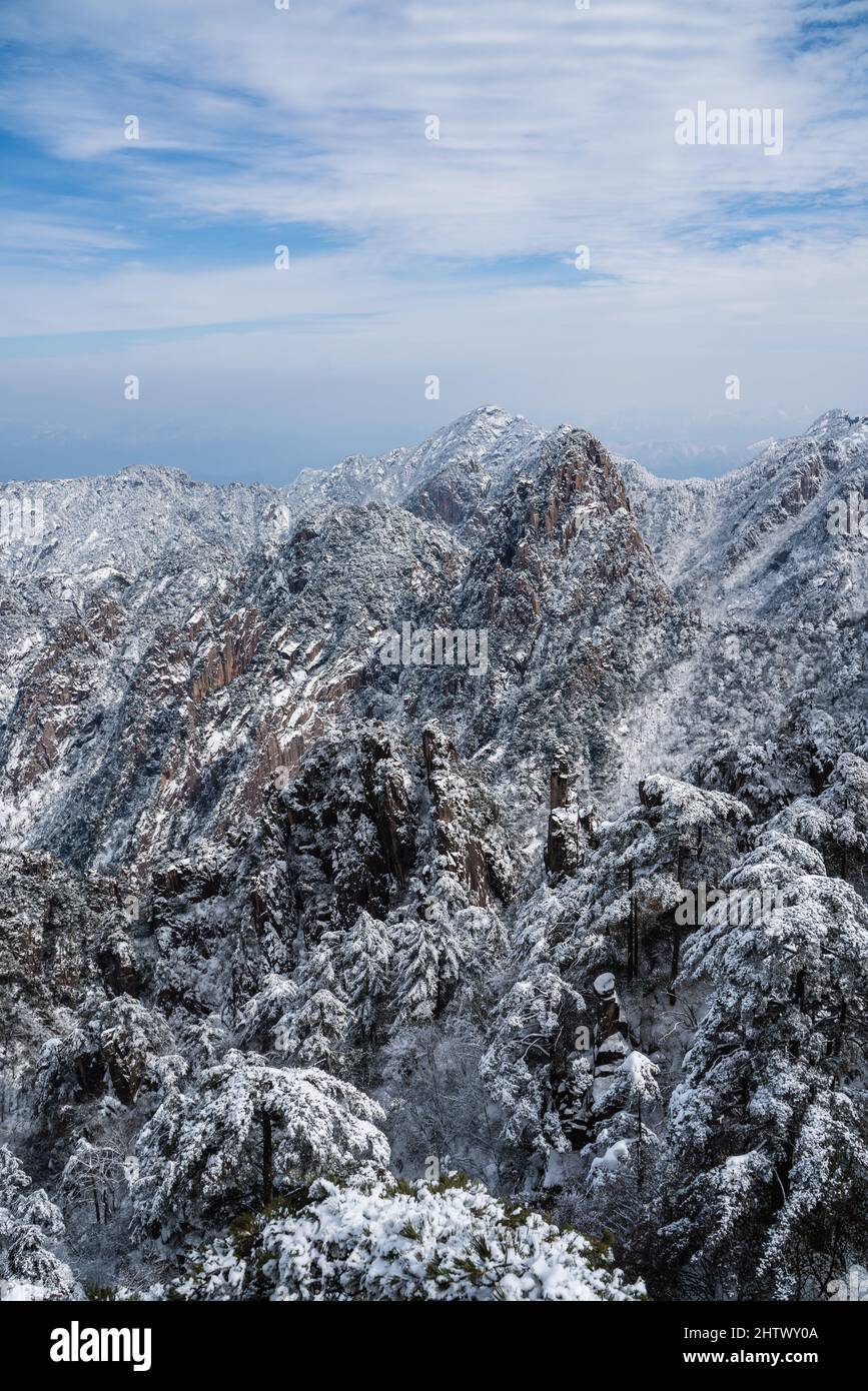 Snow landscape at Yellow Mountain, Anhui province, China, winter time ...