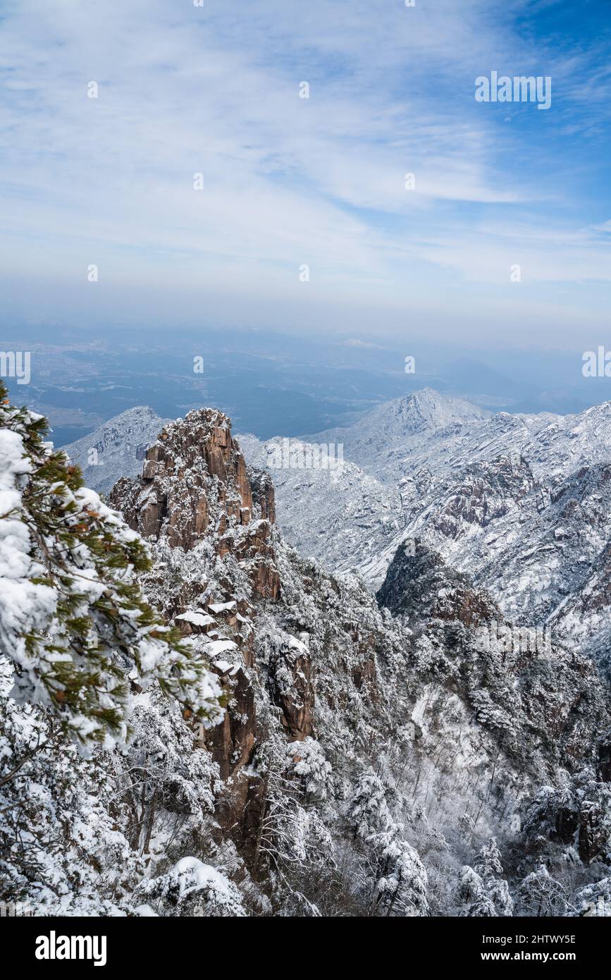 Snow landscape at Yellow Mountain, Anhui province, China, winter time ...