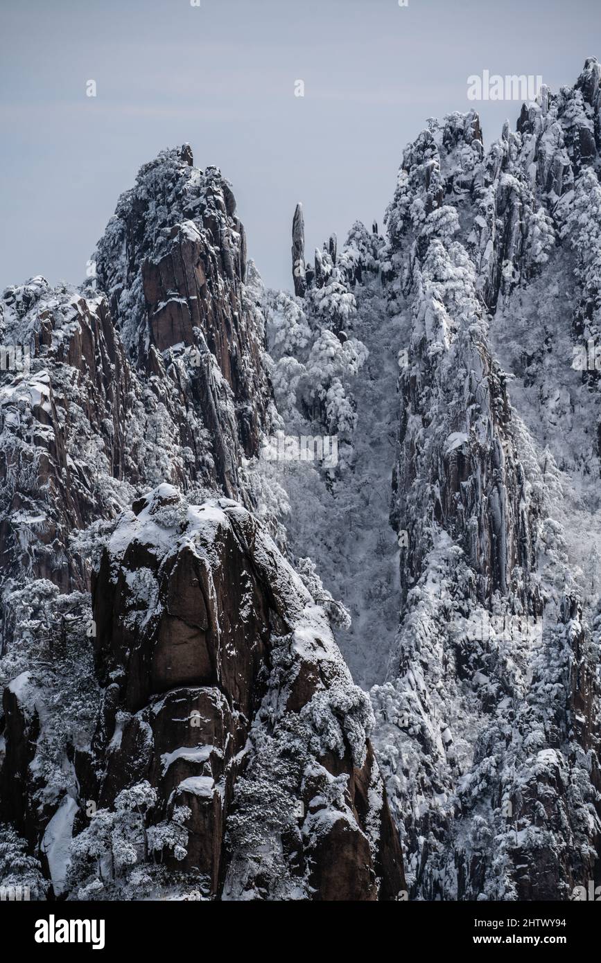 Snow landscape at Yellow Mountain, Anhui province, China, winter time ...