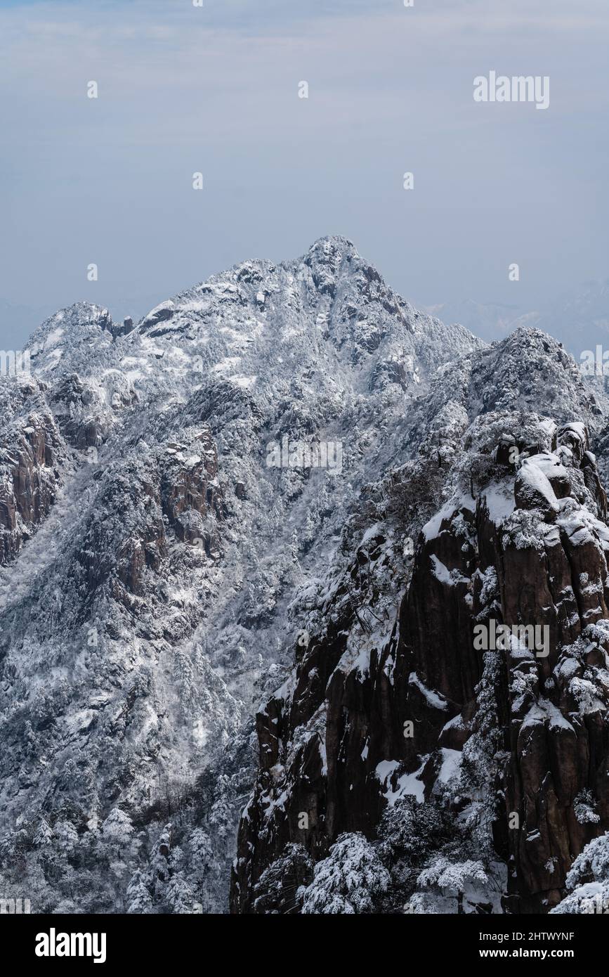 Snow landscape at Yellow Mountain, Anhui province, China, winter time ...