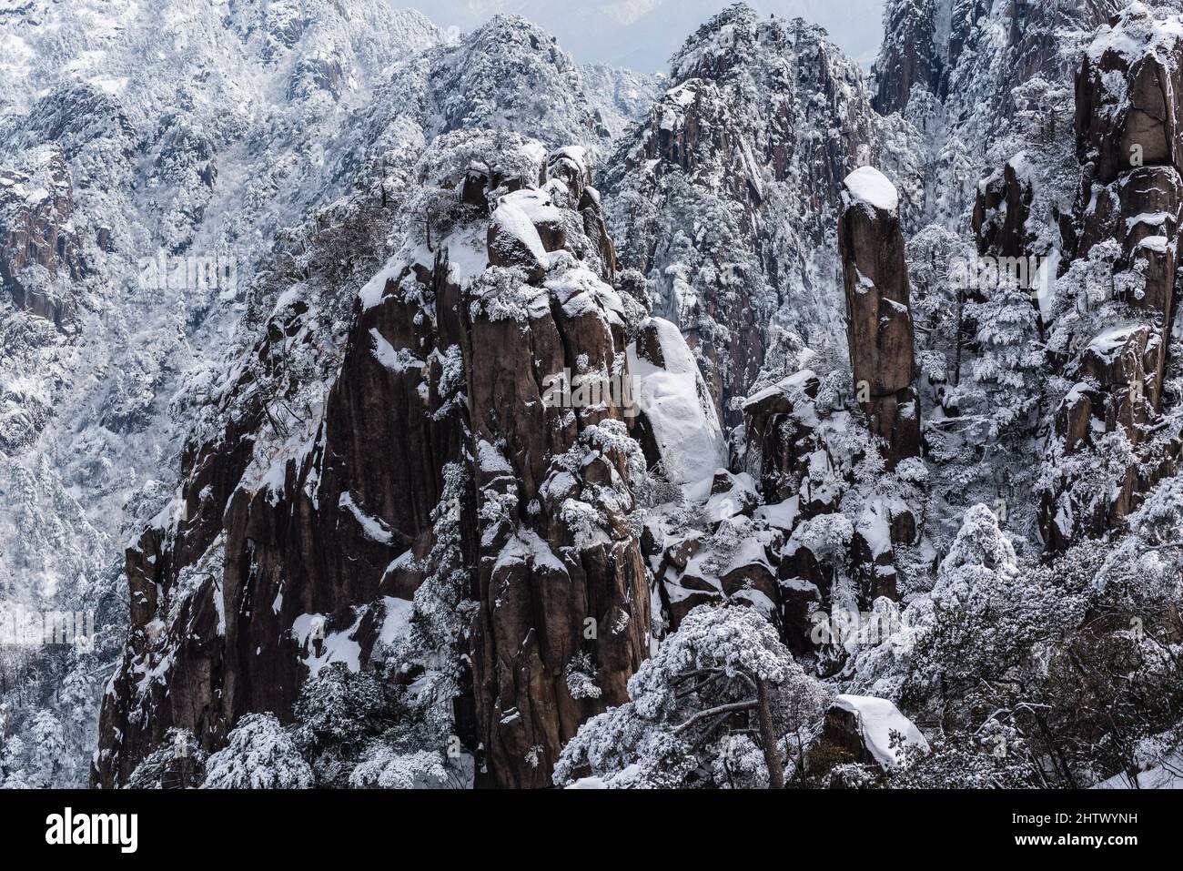Snow landscape at Yellow Mountain, Anhui province, China, winter time ...