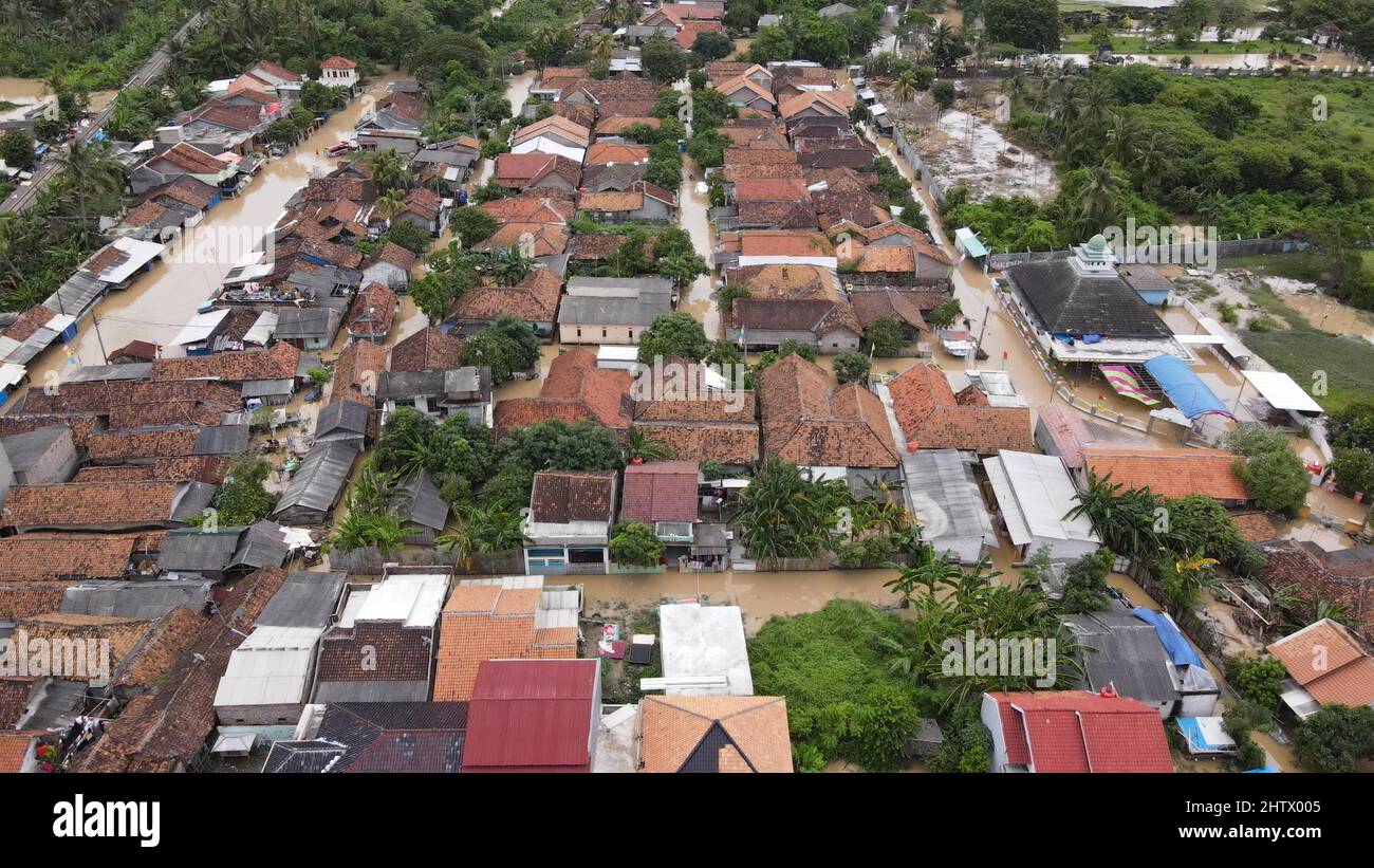 Serang, Indonesia. 2nd Mar, 2022. Aerial photo shows houses submerged ...