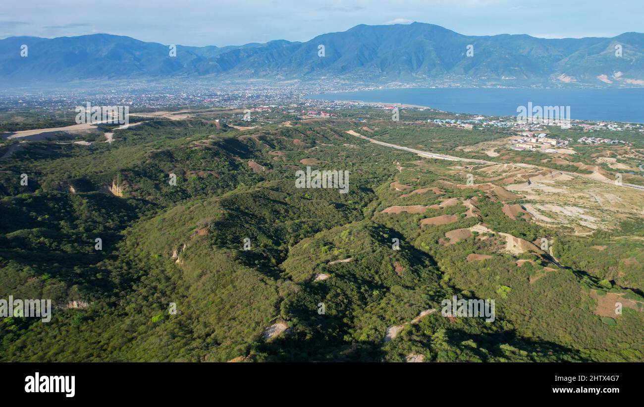 Aerial View of the hilly area of Tondo Village near Palu bay. Located ...
