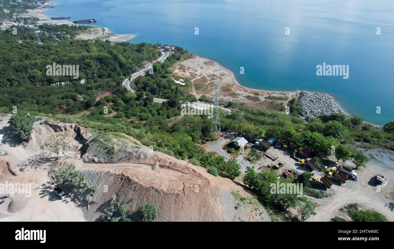 Aerial view of Extracting and transportation of rocks in a shale quarry ...