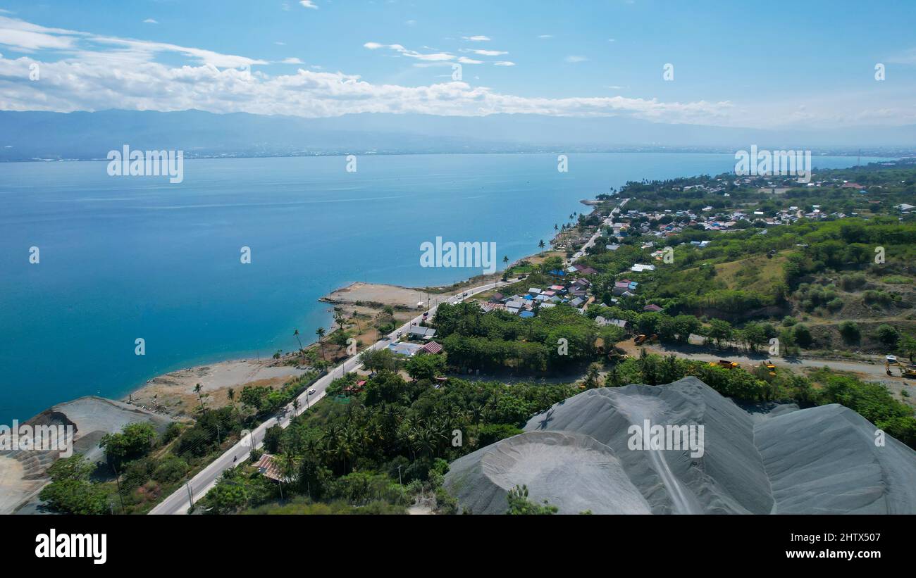 Aerial view of Extracting and transportation of rocks in a shale quarry ...