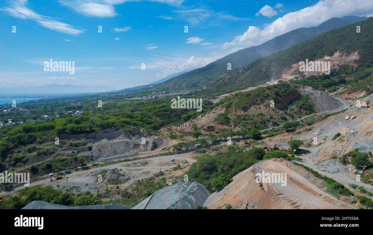 Aerial view of Extracting and transportation of rocks in a shale quarry ...