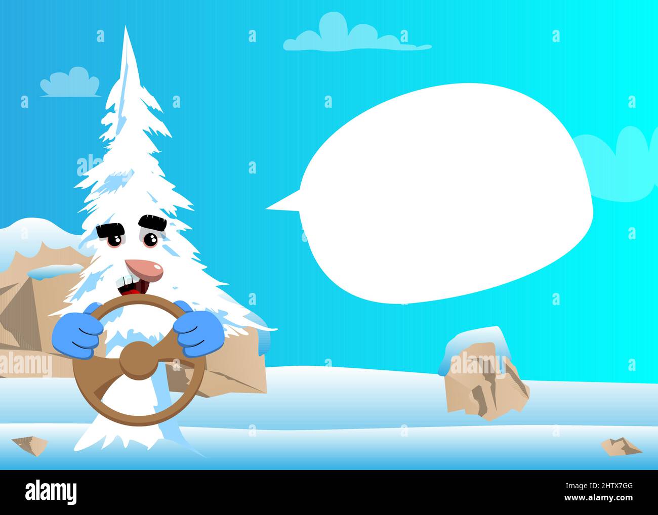Cartoon winter pine trees with faces driving, holding a steering wheel. Cute forest trees. Snow ...