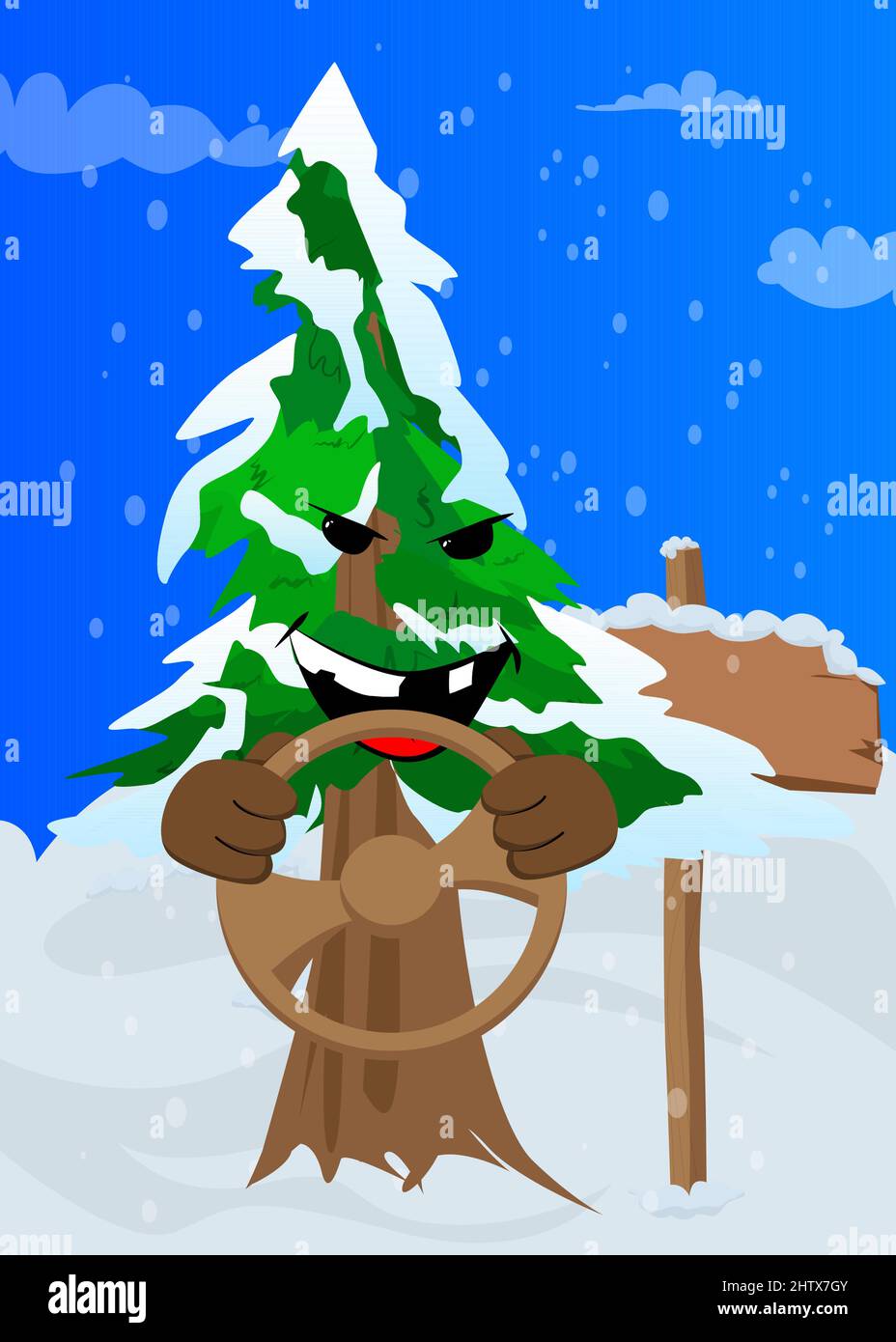 Cartoon winter pine trees with faces driving, holding a steering wheel. Cute forest trees. Snow ...