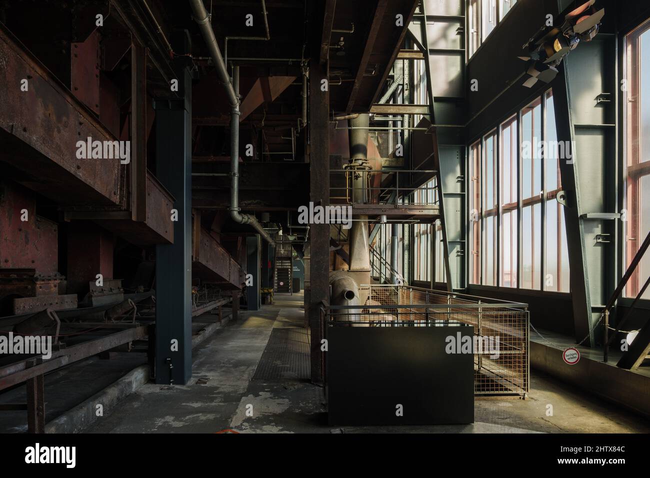 Interior view of former abandon coal mine industrial building and old ...