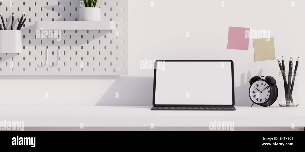 Modern white workspace with portable tablet touchpad white screen ...