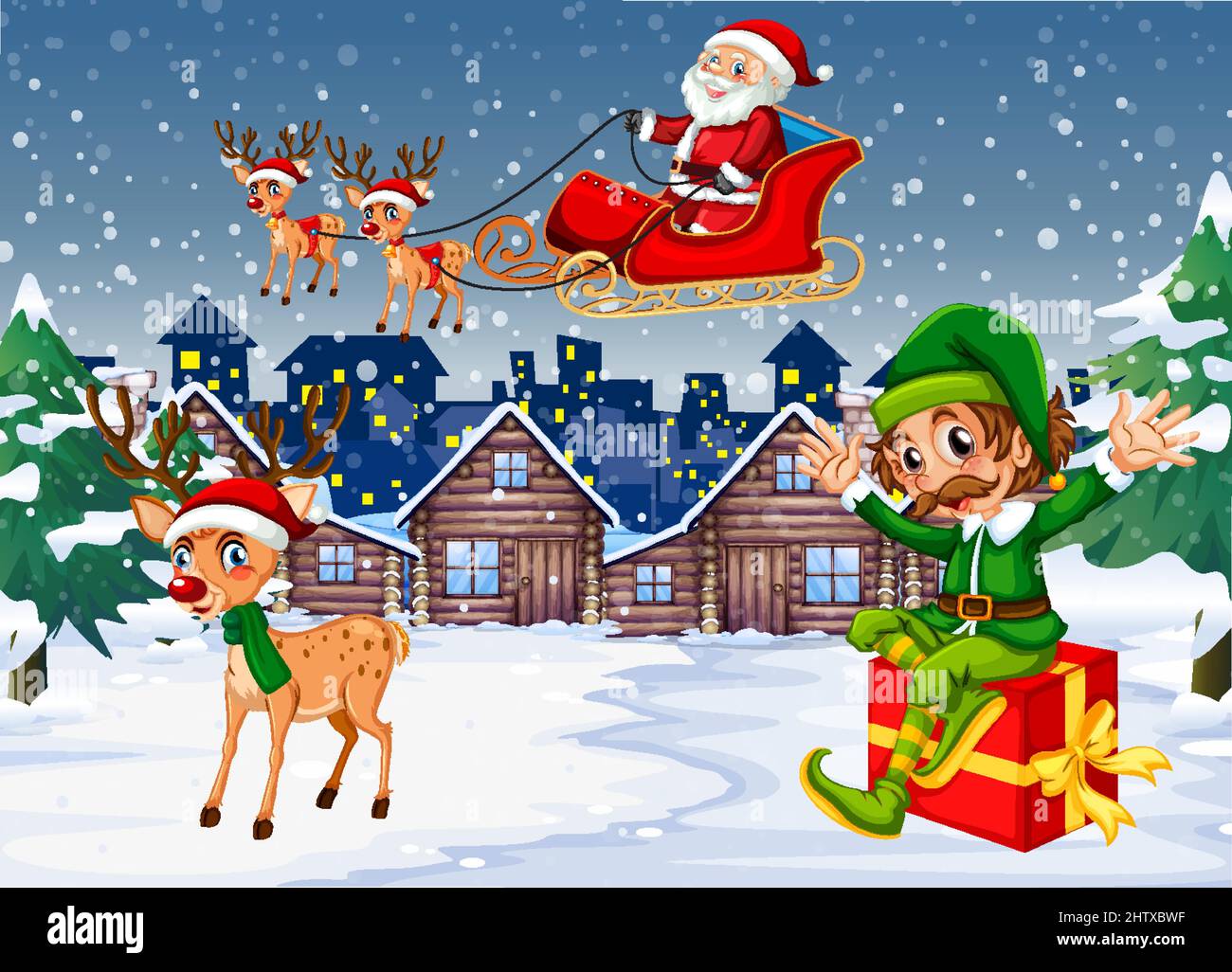 Snowy night scene with Christmas cartoon characters illustration Stock ...