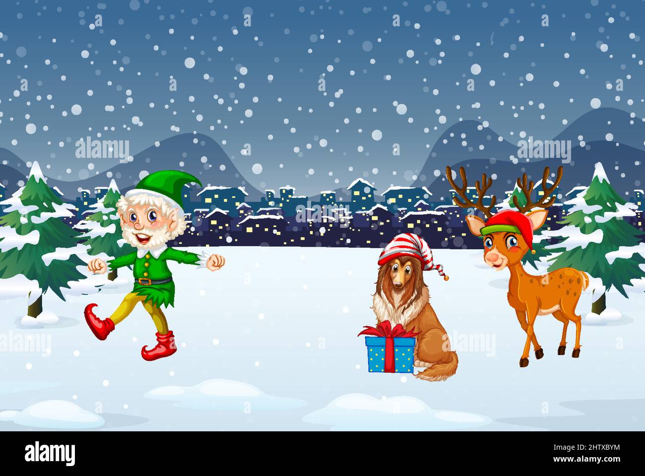 Snowy night scene with Christmas cartoon characters illustration Stock ...