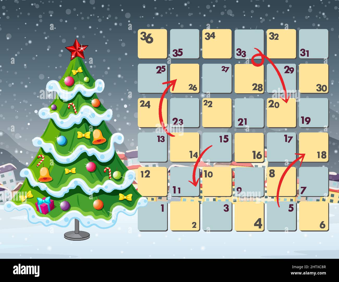 Snake and ladders game template with Christmas theme illustration Stock ...